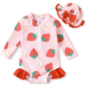 aalizzwell infant baby girls one piece long sleeve swimsuit strawberry bathing suit zip up swimwear beach wear 3-6 months fruit