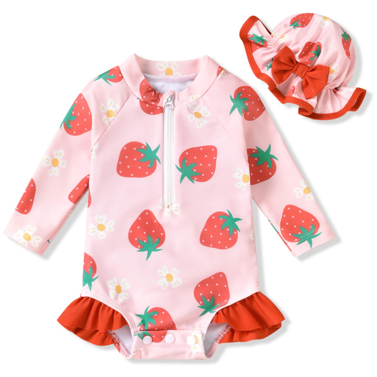 Aalizzwell Infant Baby Girls One Piece Long Sleeve Swimsuit Strawberry Bathing Suit Zip Up Swimwear Beach Wear 3-6 Months Fruit