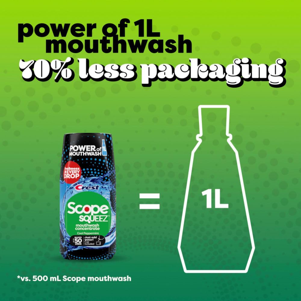 Crest Scope Squeez Mouthwash Concentrate, Cool Peppermint Flavor, 50mL Bottle, Equal Uses up to 1L Bottle *vs 1L Scope Outlast Mouthwash, Squeez to Control The Strength