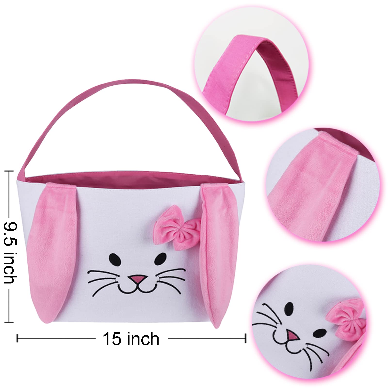 3Pcs Easter Bunny Basket for Kids- Canvas Cotton Carrying Gift and Eggs Hunt Bag, with Long Plush Ear Printed Rabbit Toys Bucket Tote Bags for Girls & Boys (Pink, Purple, Blue)