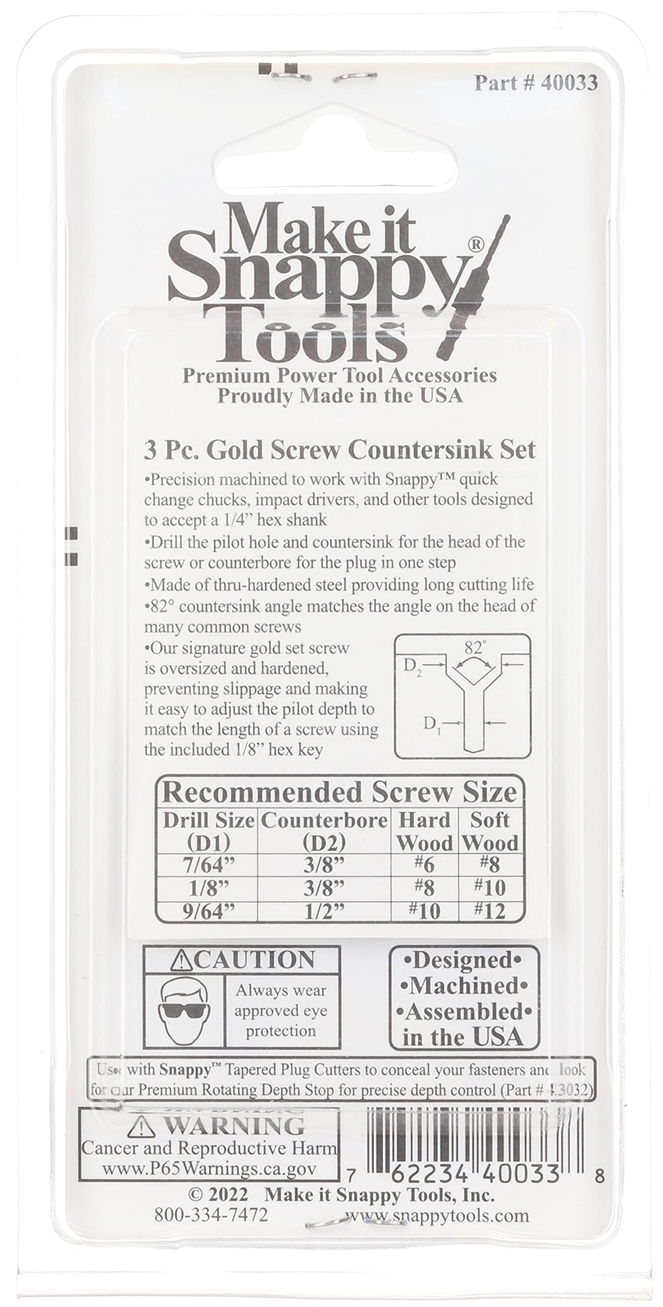 Make it Snappy Tools Quick-Change 3-Pc. Countersink Drill Bit Set. Proudly Made in The USA.