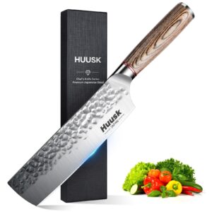 huusk japan knife, nakiri chef knife 7 inch professional high carbon steel hand forged chef vegetable knife sharp, multipurpose kitchen knife father's day gift,ergonomic pakkawood handle