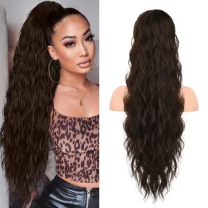 seikea 26" ponytail extension drawstring ponytail，pt003 eva for women long thick wavy clip in hair extensions ponytail natural soft synthetic hairpiece for women dark chocolate brown