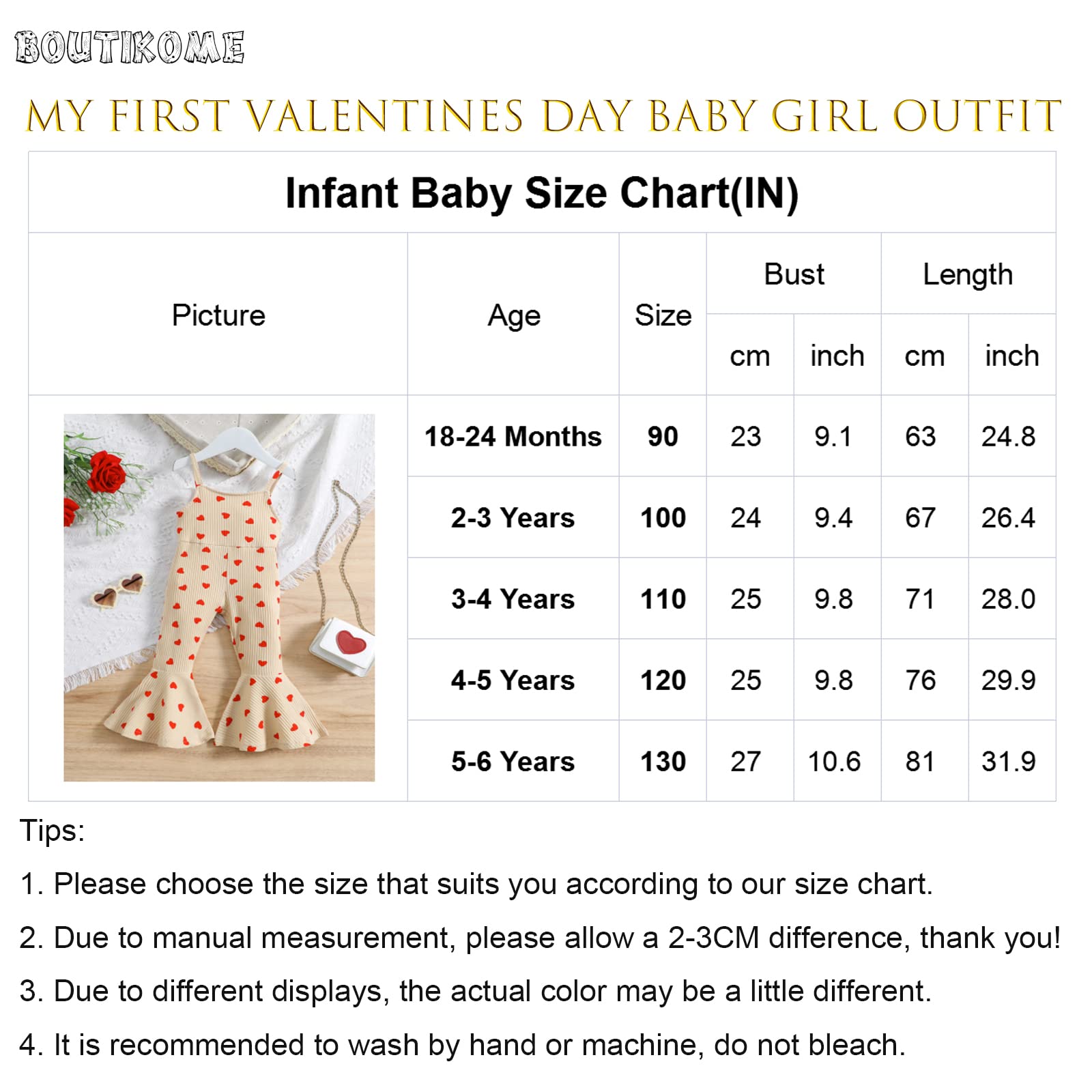 BOUTIKOME Toddler Baby Girl Valentine's Day Outfits Bell Bottom Romper Love Heart Strap Sleeveless One Piece Jumpsuit(Beige,4-5T)