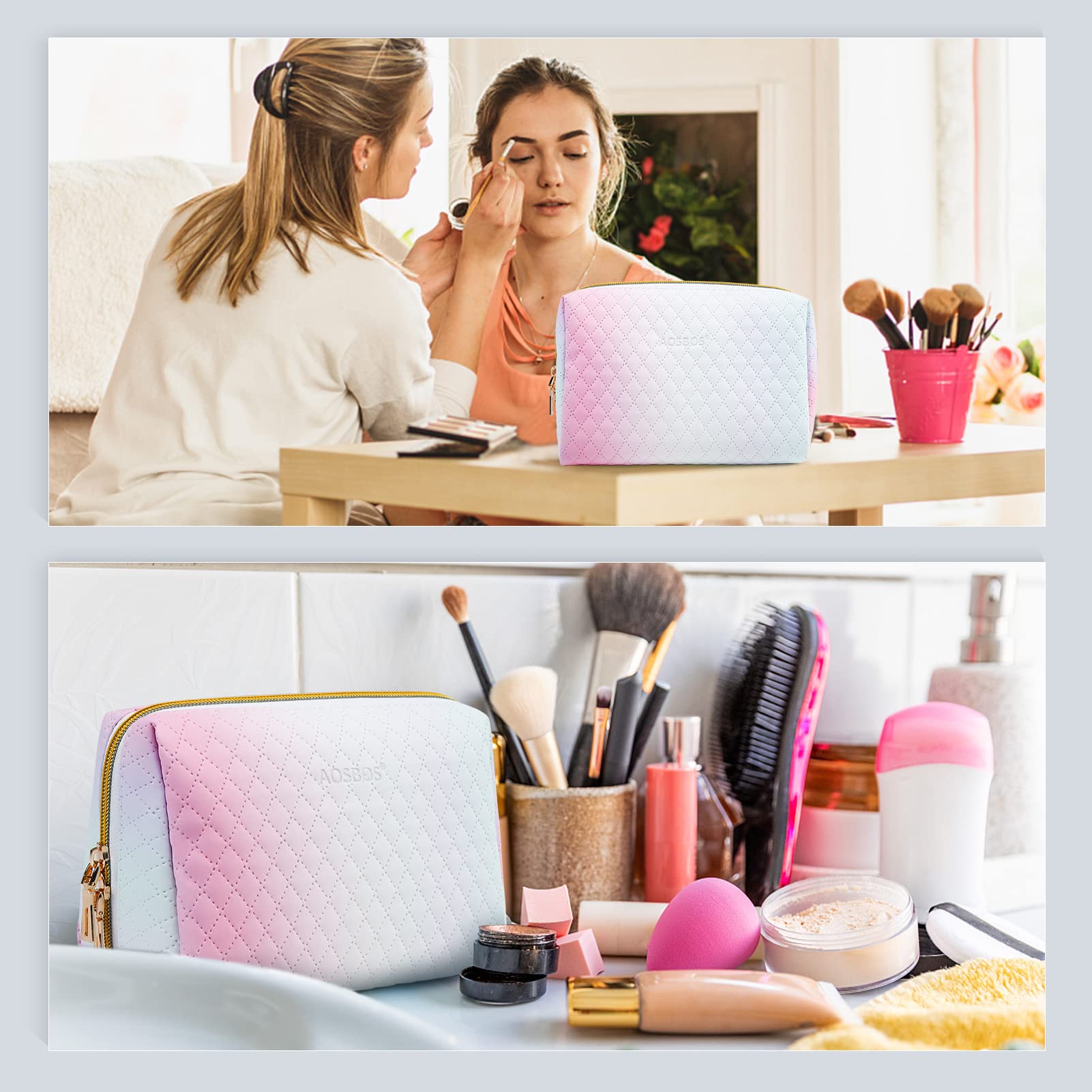 Aosbos Small Makeup Bag Travel Size Makeup Bag Cosmetic Travel Bag Makeup Bags for Women Makeup Pouch Cute Make Up Bag for Purse Gradient White Pink