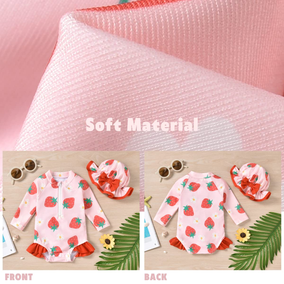 Aalizzwell Infant Baby Girls One Piece Long Sleeve Swimsuit Strawberry Bathing Suit Zip Up Swimwear Beach Wear 3-6 Months Fruit