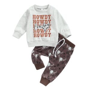 omkzanbi baby western cowboy clothes cow printed sweatshirt pullover retro boho jogger pants toddlers boy fall winter outfit (howdy western cowboy suit, 18-24 months)