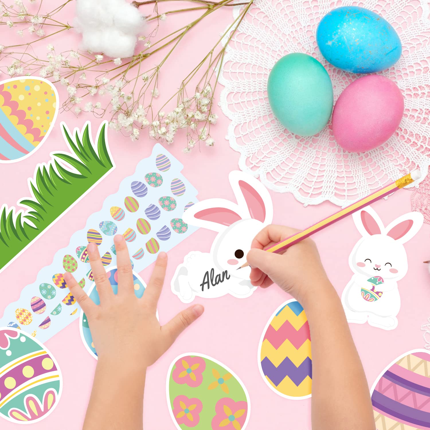 AsodSway Easter Bunny Egg Cutouts - 139Pcs Easter Bunny Spring Egg Bulletin Board Cutouts Set Contain Egg Bunny Grass Border with We are Egg Cited about Spring Character Happy Easter Spring Season