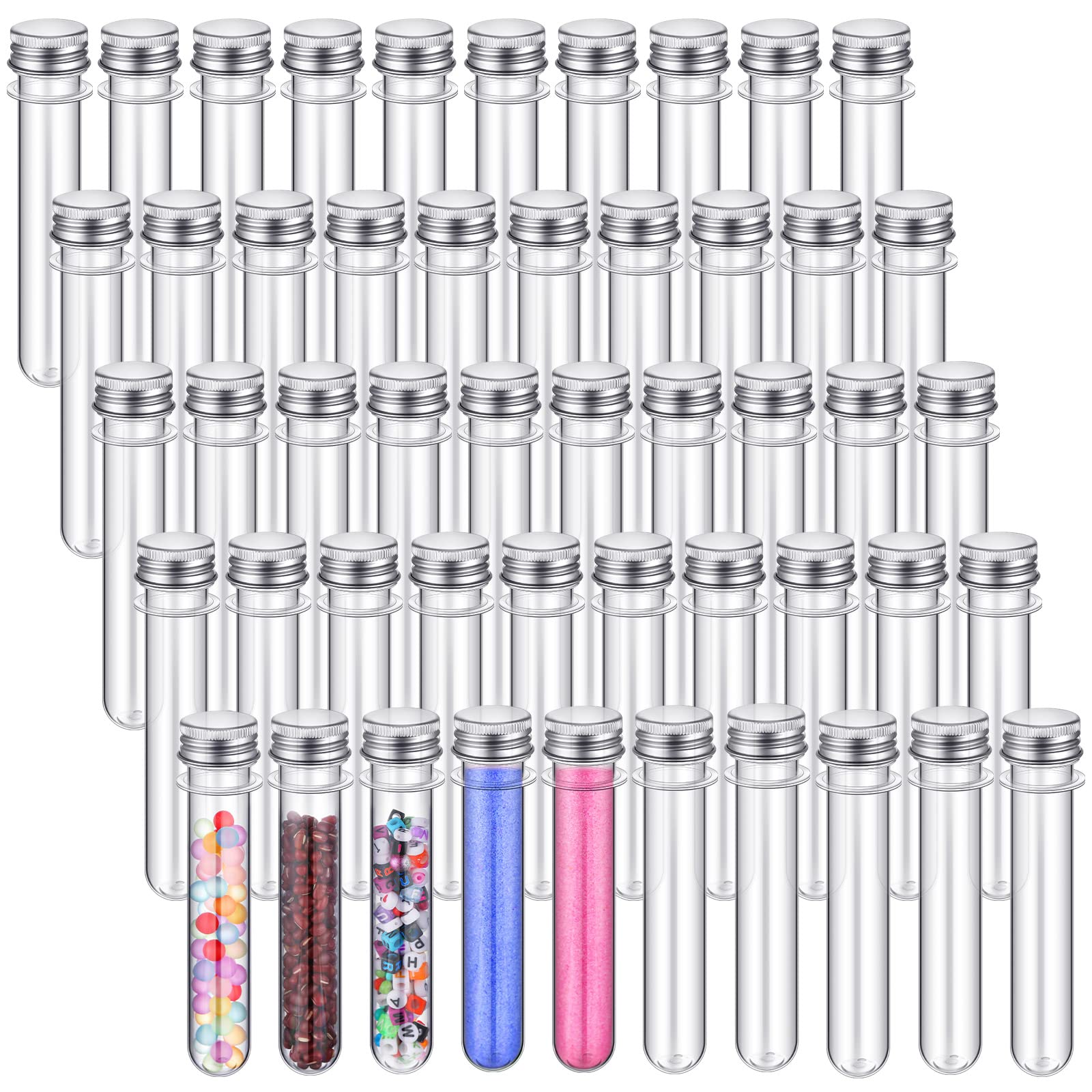 45ml Plastic Test Tubes Transparent Clear Bath Salt Tubes 25x140mm Cylindrical Aluminum Lid Plastic Vials for Candy Spice Dried Flower Storage Container Decor House Scientific Experiment(120 Pcs)