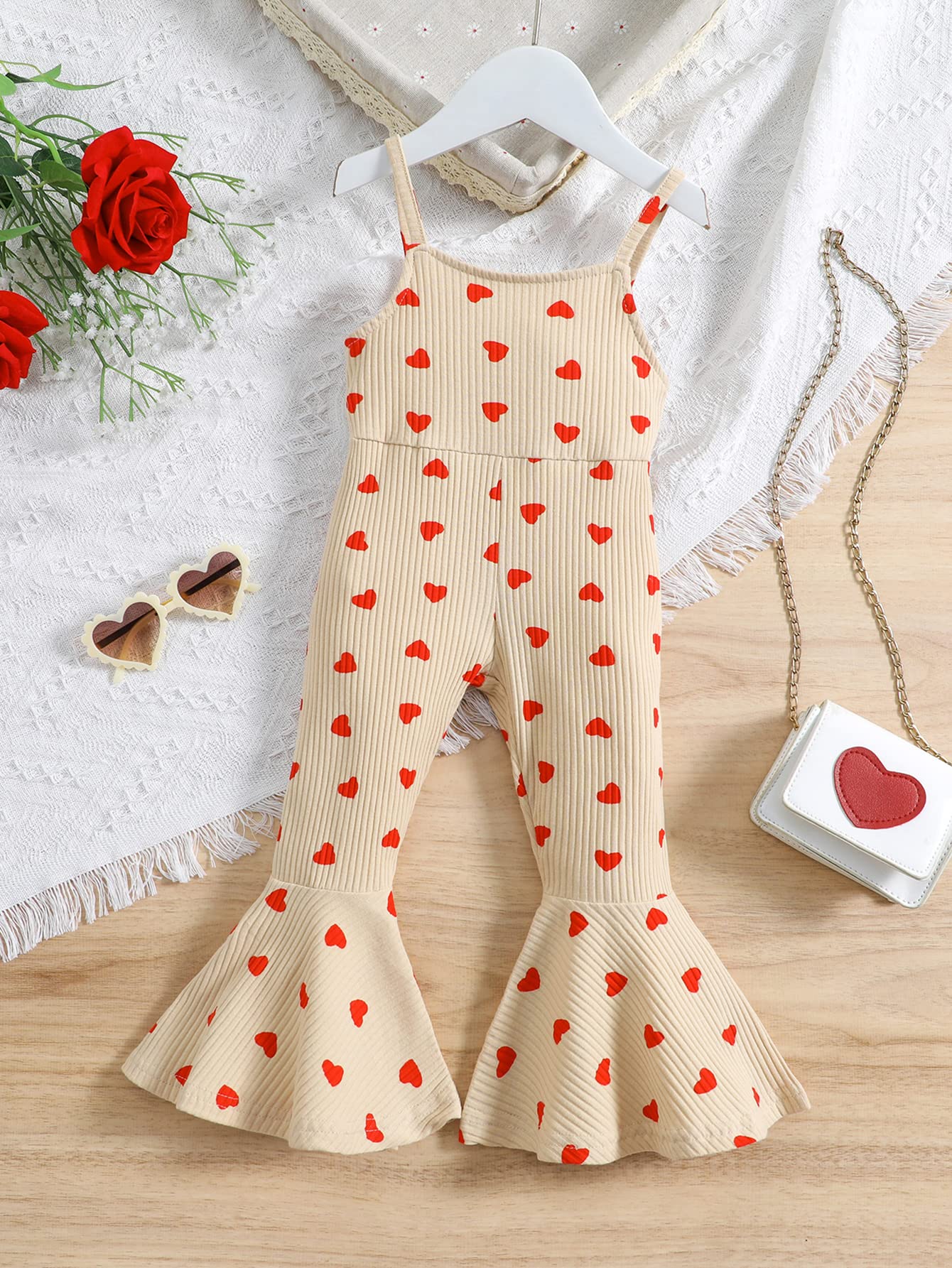 BOUTIKOME Toddler Baby Girl Valentine's Day Outfits Bell Bottom Romper Love Heart Strap Sleeveless One Piece Jumpsuit(Beige,4-5T)