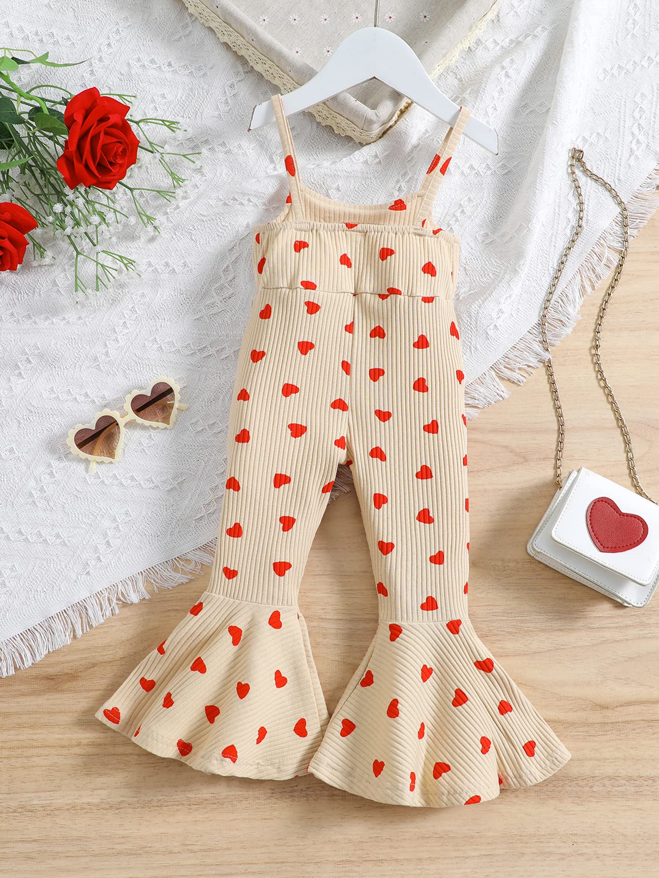 BOUTIKOME Toddler Baby Girl Valentine's Day Outfits Bell Bottom Romper Love Heart Strap Sleeveless One Piece Jumpsuit(Beige,4-5T)