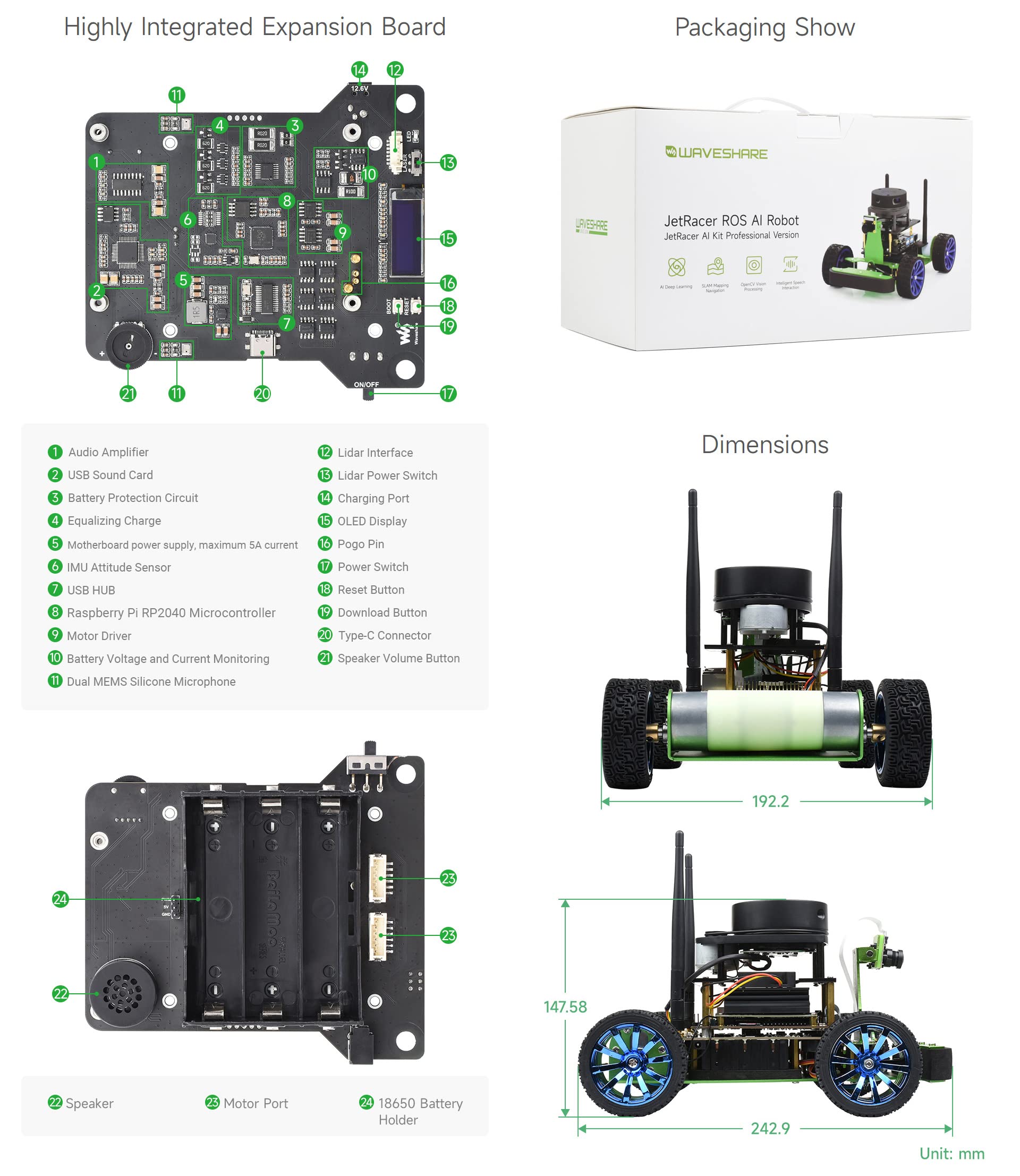 Waveshare JetRacer Professional Version ROS AI Kit, Dual Controllers AI Robot, Lidar Mapping, Vision Processing, Includes Waveshare Jetson Nano Dev Kit 4GB (NOT Support Nano 2GB)