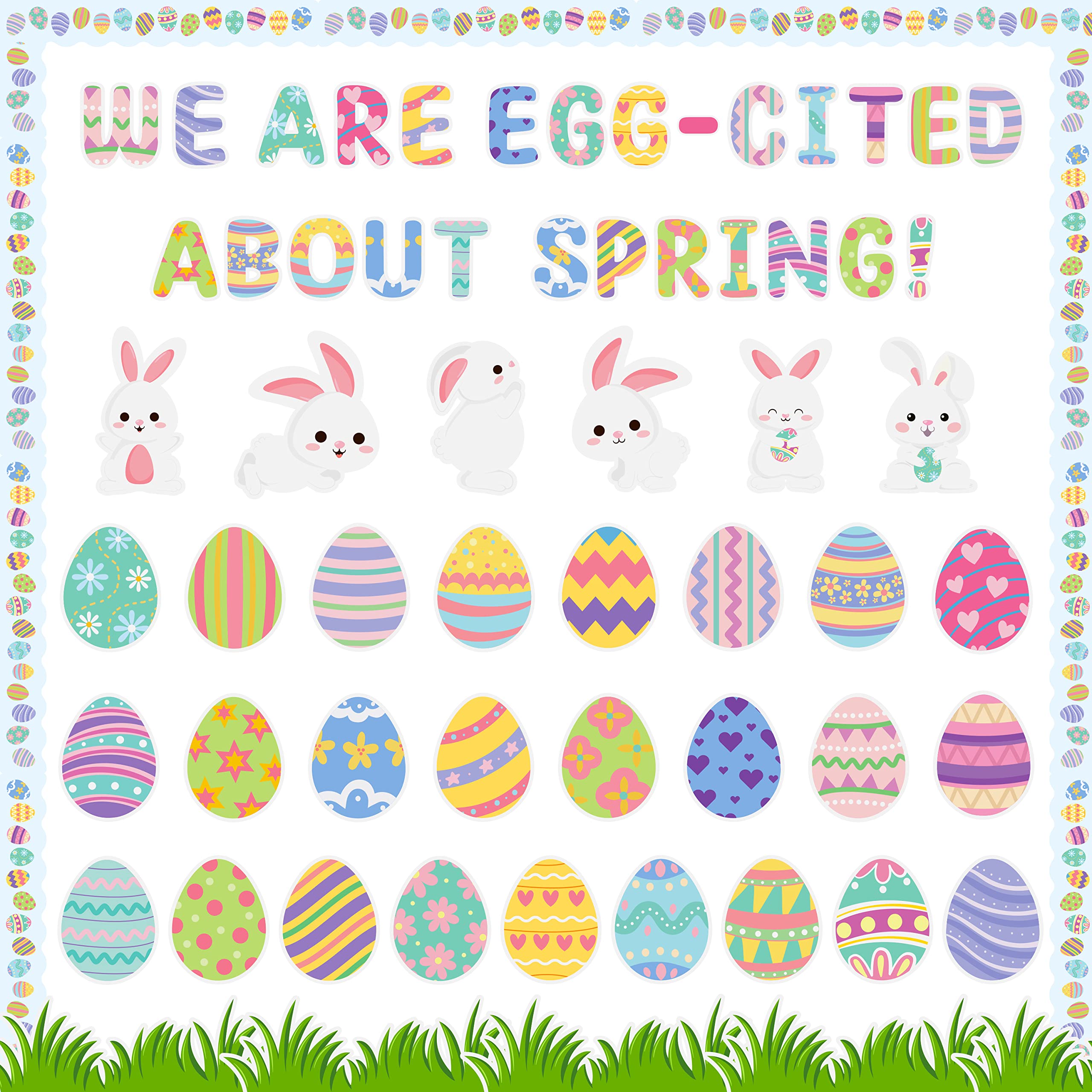 AsodSway Easter Bunny Egg Cutouts - 139Pcs Easter Bunny Spring Egg Bulletin Board Cutouts Set Contain Egg Bunny Grass Border with We are Egg Cited about Spring Character Happy Easter Spring Season