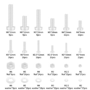 447 Pcs White Nylon Plastic Pan Round Head Screws Bolts and Nuts and Gaskets, Metric Full Threaded Hex Head Screws Bolts and Nuts and Washers Assortment Set - M2/M2.5/M3/M4/M5/M6