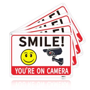 smile! you're on camera" high-visibility security warning sign, aluminum, 10x7 inches, uv printed, pack of 4, outdoor camera alert signage