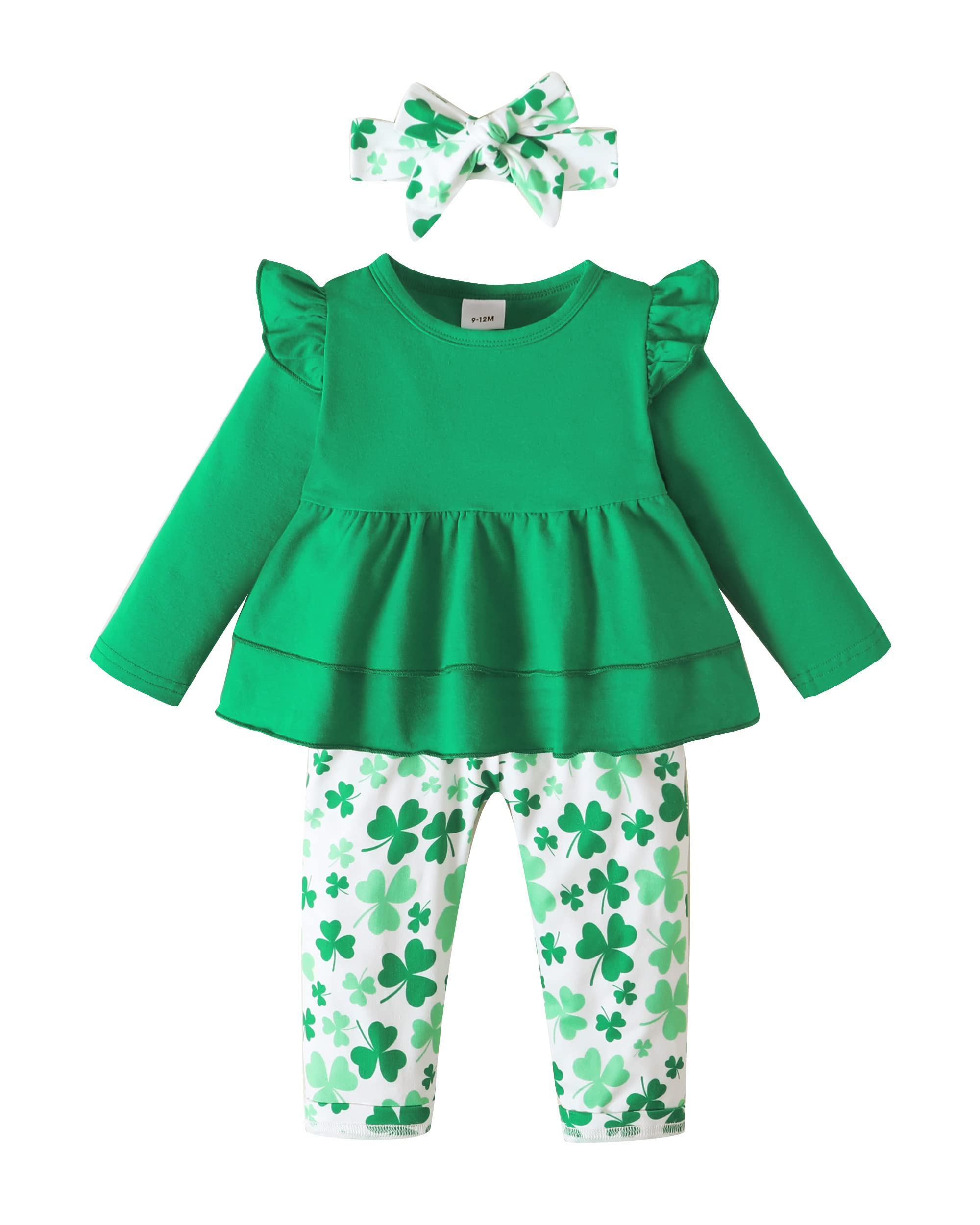 St. Patrick's Day Outfits Baby Girl Clothes 12 18 Months Long Sleeve Ruffle Top 18 months girl clothes Shamrock Print Pants Headband Winter Fall Clothing Sets Green