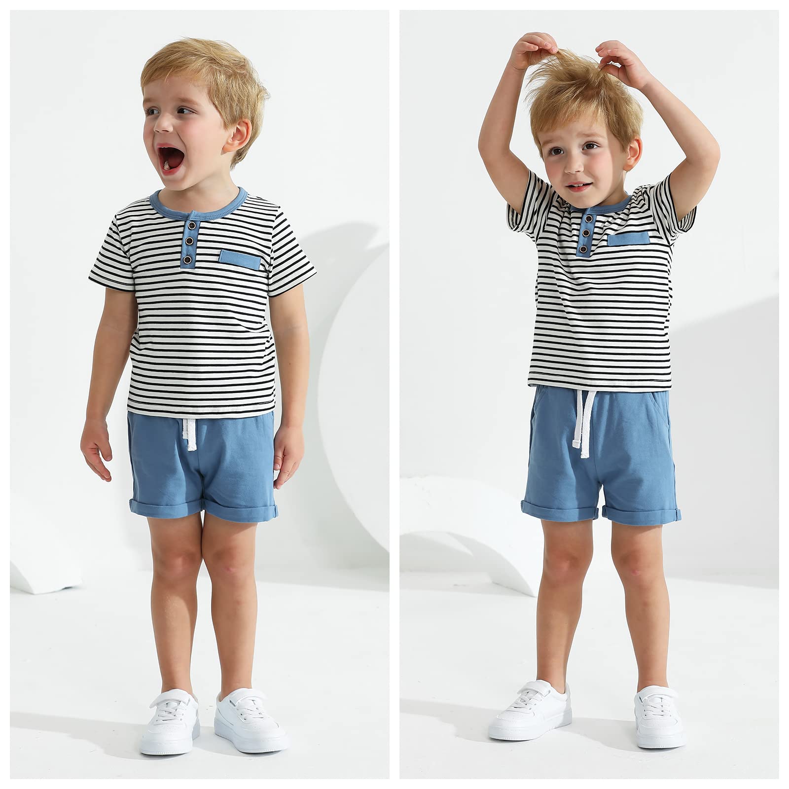 Weixinbuy Toddler Boy Summer Clothes Baby Striped T-Shirt Tops+Solid Shorts 2PCS Outfits Set