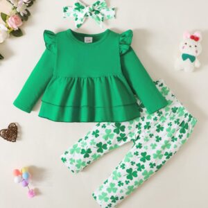 St. Patrick's Day Outfits Baby Girl Clothes 12 18 Months Long Sleeve Ruffle Top 18 months girl clothes Shamrock Print Pants Headband Winter Fall Clothing Sets Green