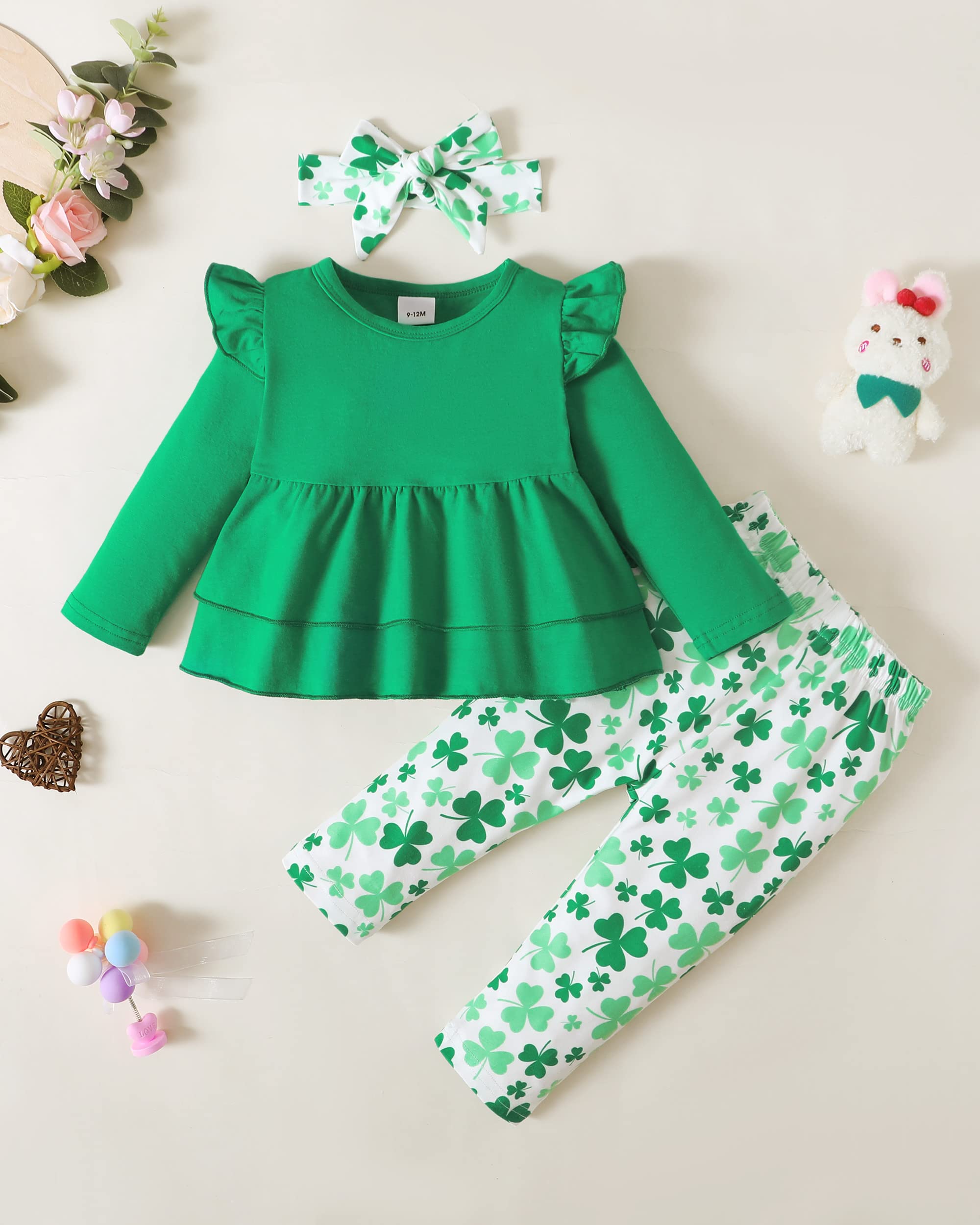 St. Patrick's Day Outfits Baby Girl Clothes 12 18 Months Long Sleeve Ruffle Top 18 months girl clothes Shamrock Print Pants Headband Winter Fall Clothing Sets Green