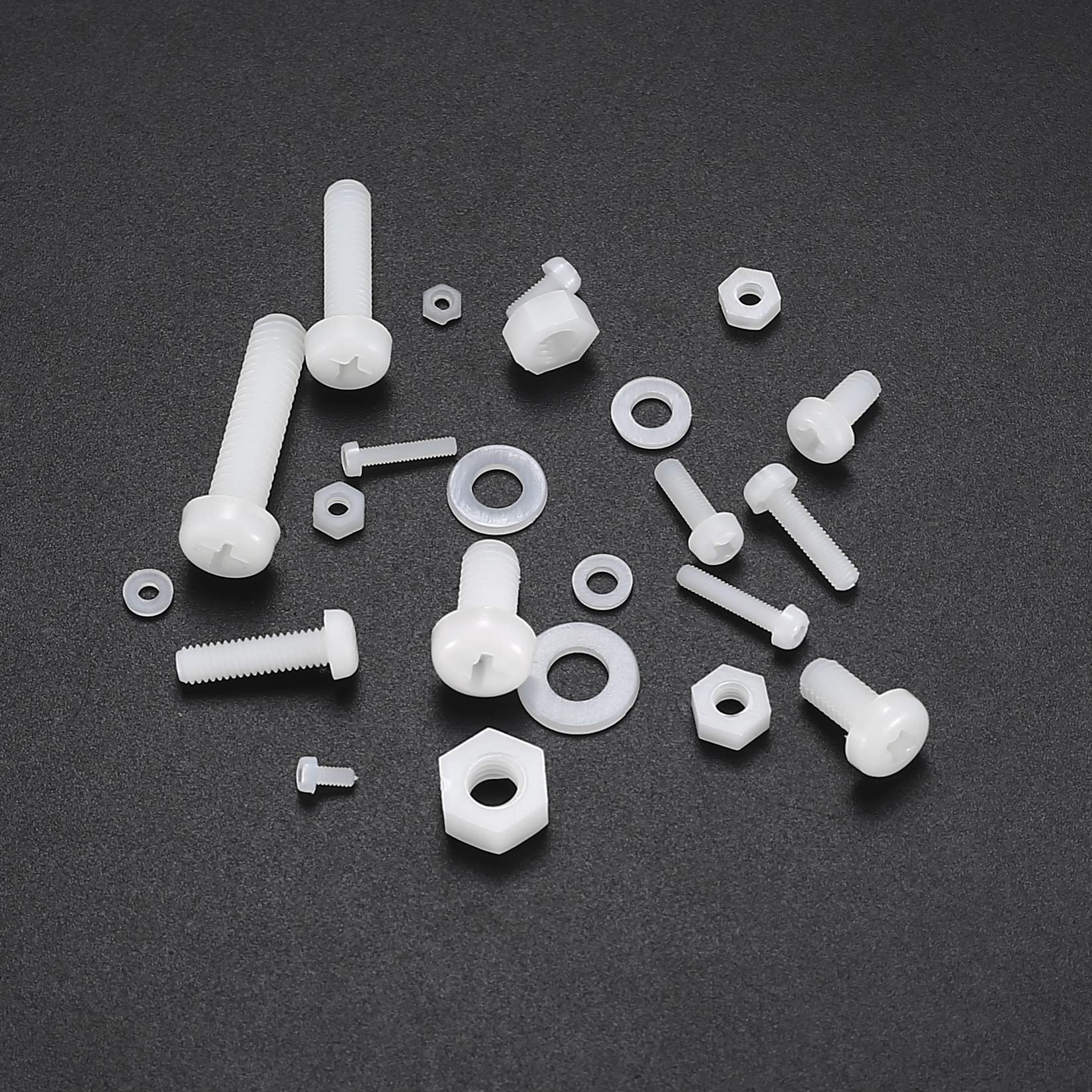 447 Pcs White Nylon Plastic Pan Round Head Screws Bolts and Nuts and Gaskets, Metric Full Threaded Hex Head Screws Bolts and Nuts and Washers Assortment Set - M2/M2.5/M3/M4/M5/M6