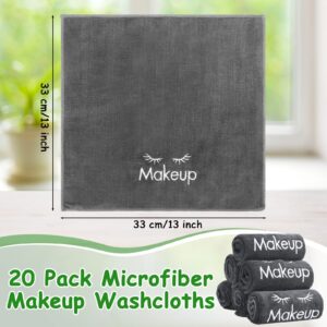 20 Pcs Makeup Remover Washcloths 13 x 13 Inches Microfiber Makeup Towels Bulk Absorbent Face Towels Reusable Soft Cotton Makeup Face Cloths with Makeup Embroidery for Women Gifts (Grey)