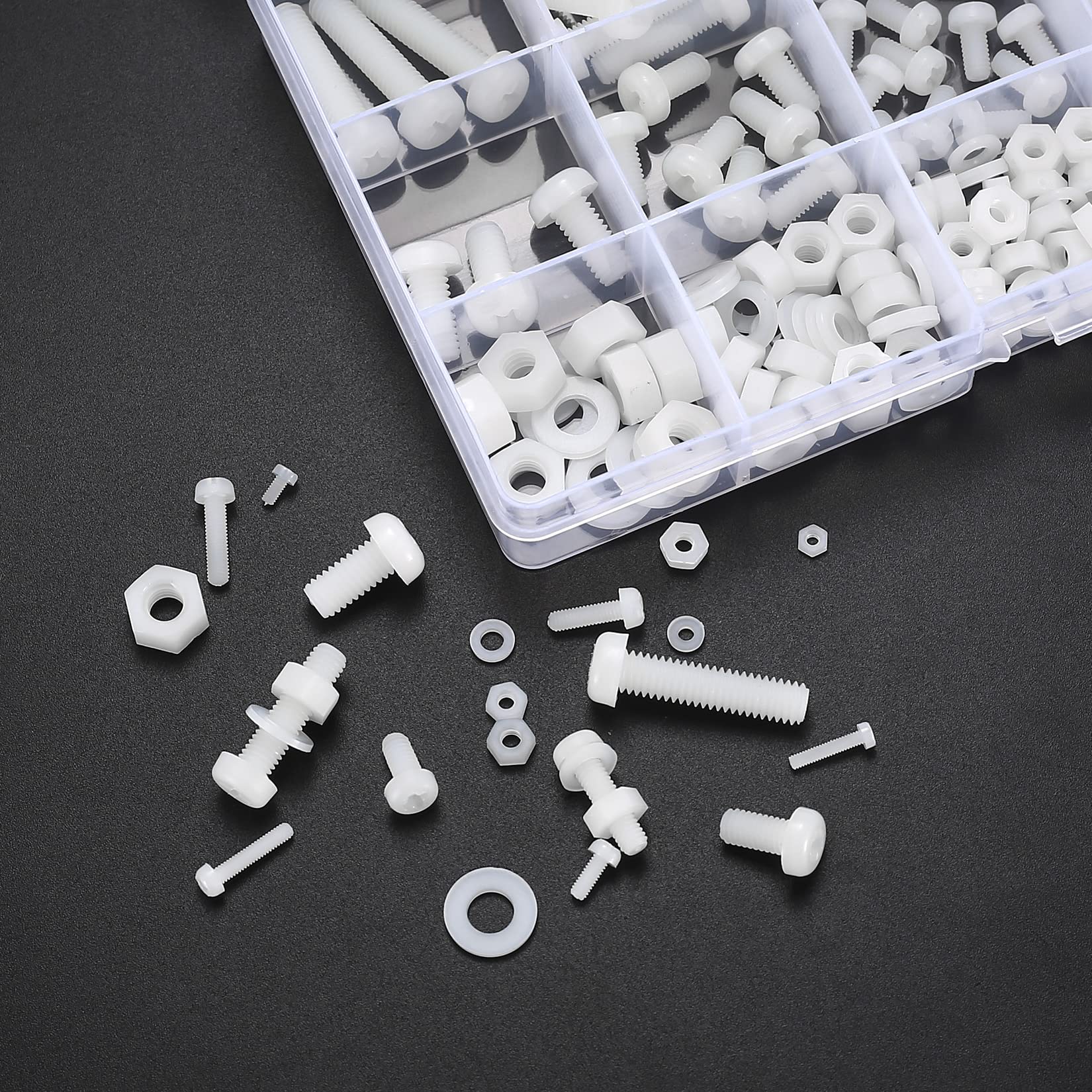 447 Pcs White Nylon Plastic Pan Round Head Screws Bolts and Nuts and Gaskets, Metric Full Threaded Hex Head Screws Bolts and Nuts and Washers Assortment Set - M2/M2.5/M3/M4/M5/M6