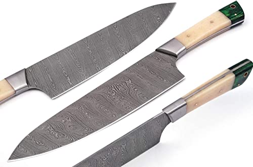 Handmade Damascus Chef Knife Best 8-inch Chefs Knife Ultra Sharp, Professional Damascus Steel Knives Choice for Kitchen & Restaurant, Twist Pattern Damascus Kitchen Knife With Bone Handle (20002)