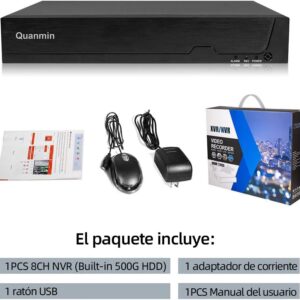 Quanmin 8CH 5MP NVR with 500GB HDD Network Video Recorder 25ft Night Vision,Supports 8CH 5MP/4MP/3MP/1080P/720P IP Camera,H.265+,HDMI,VGA Output,P2P,APP Remote Access for Security CCTV Camera Systems