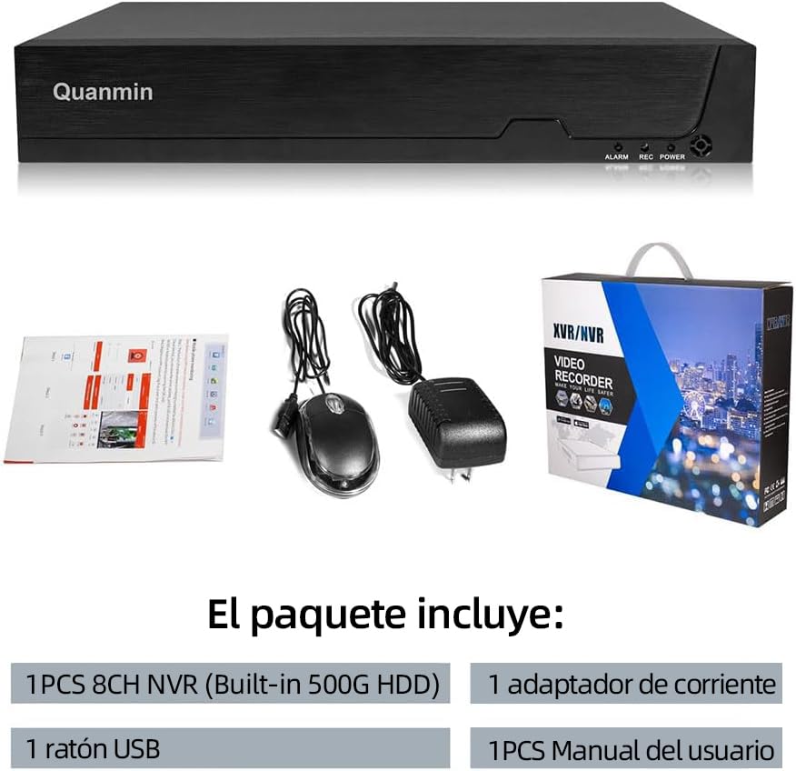 Quanmin 8CH 5MP NVR with 500GB HDD Network Video Recorder 25ft Night Vision,Supports 8CH 5MP/4MP/3MP/1080P/720P IP Camera,H.265+,HDMI,VGA Output,P2P,APP Remote Access for Security CCTV Camera Systems