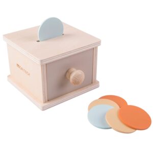 moriteck montessori coin box and object permanence, wood drawer with 3 colors coin toy for 8-12 months and up baby, infant developmental coin drop toy for girls and boys