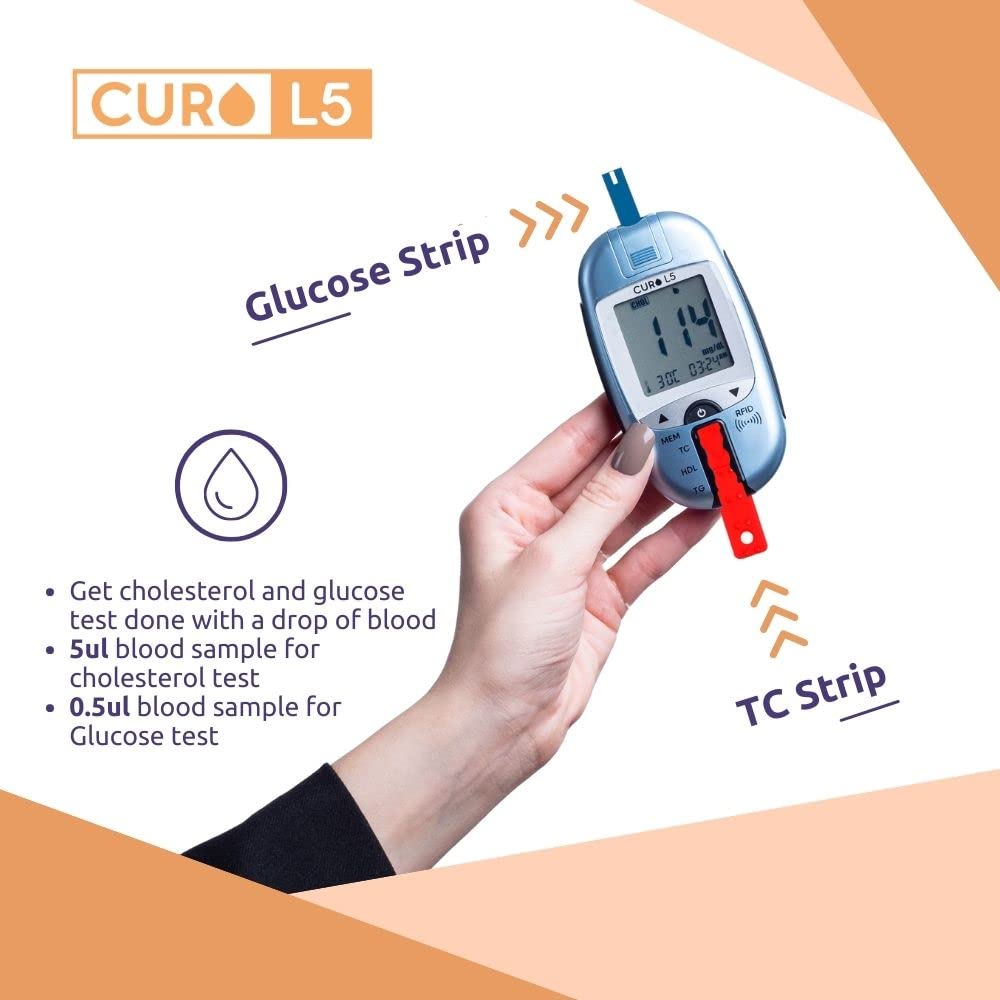 CUROfit Convenient Health Monitoring with L5 Total Cholesterol & Glucose HOME Test Kit - Compact and Portable, Comprehensive Kit, Instant Results, Easy to Use, and Accurate Readings