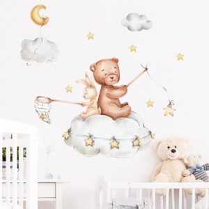 cute bear and bunny on clouds nursery decor cute bear and rabbit with clouds stars wall decals vinyl wall stickers for kids boys girls bedroom daycare classroom playroom and kids room wall decor