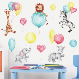 Animals with Balloons Nursery Decor Cute Jungle Animals Safari Balloons Wall Decals Giraffe Lion Zebra Hippo Elephant Vinyl Wall Stickers for Kids Boys Girls Bedroom Daycare Classroom Playroom and Kids Room Wall decor