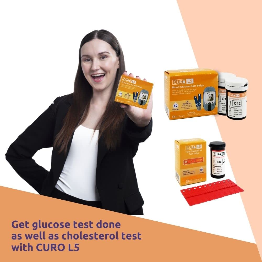 CUROfit Convenient Health Monitoring with L5 Total Cholesterol & Glucose HOME Test Kit - Compact and Portable, Comprehensive Kit, Instant Results, Easy to Use, and Accurate Readings