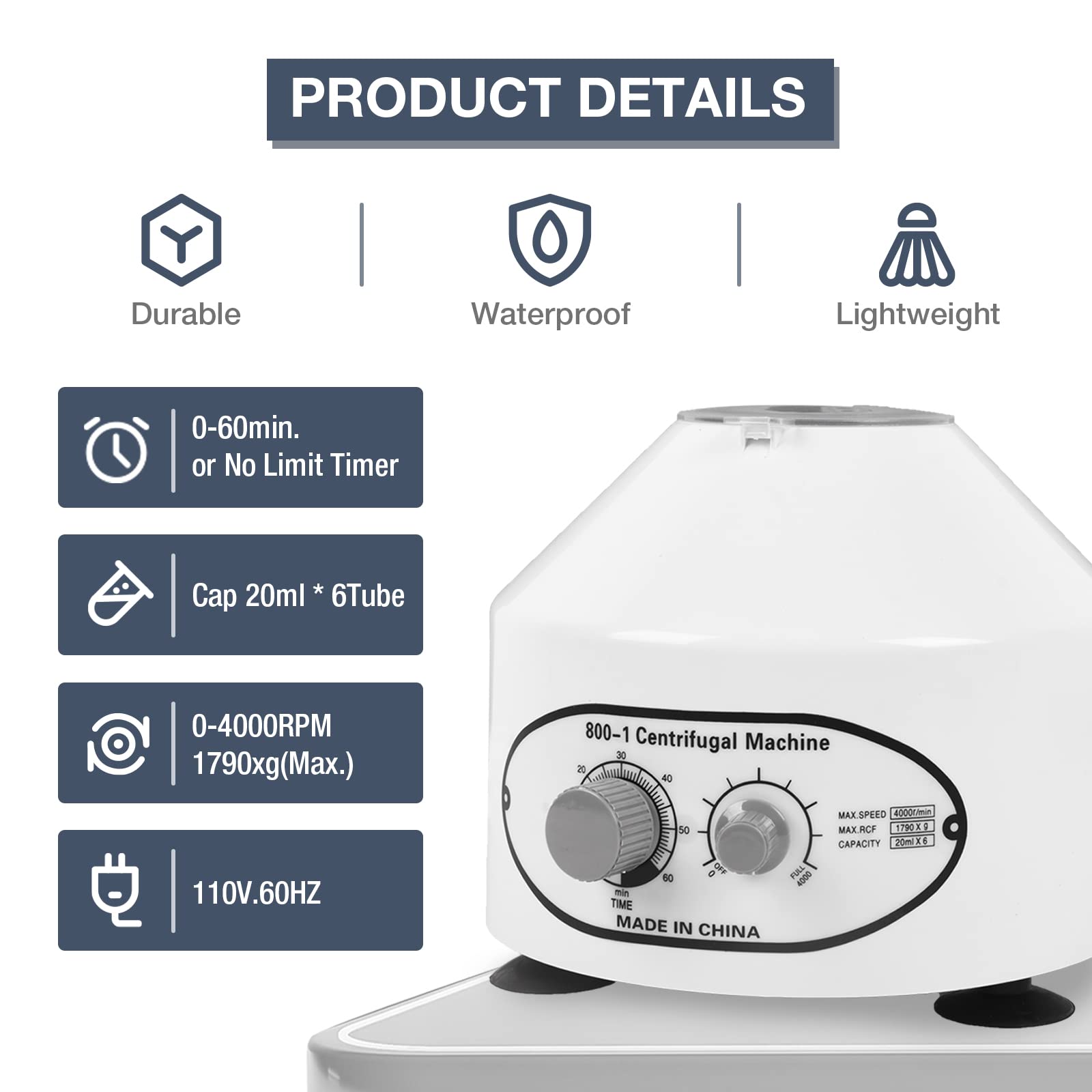 LFGUD Electric Centrifuge Machine 6x20ml Desktop Lab Centrifuge Machine with Timer and Speed Control for Plasma Blood PRP, 4000 RPM, 110V