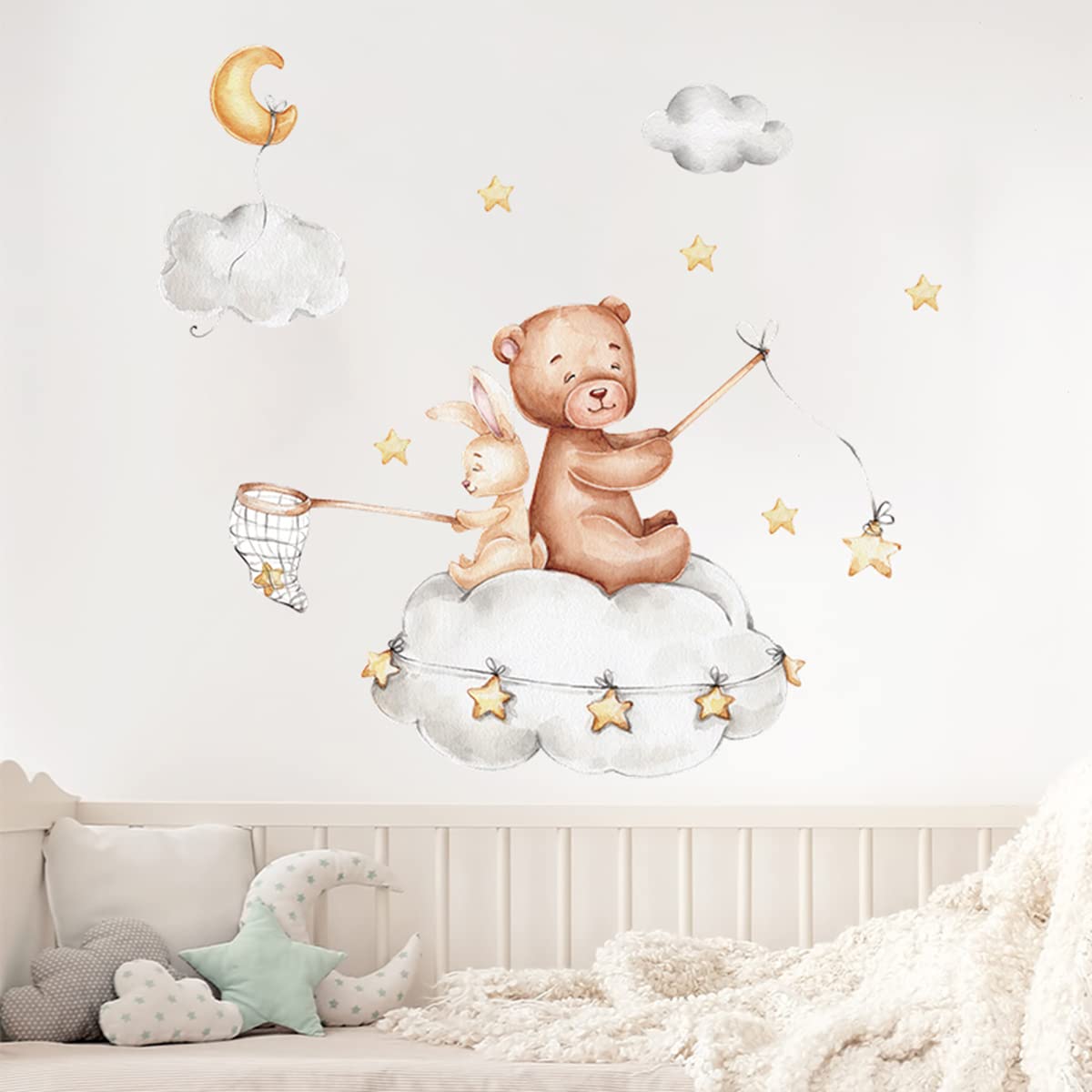 Cute Bear and Bunny on Clouds Nursery Decor Cute Bear and Rabbit with Clouds Stars Wall Decals Vinyl Wall Stickers for Kids Boys Girls Bedroom Daycare Classroom Playroom and Kids Room Wall Decor