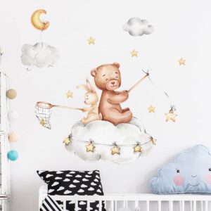 Cute Bear and Bunny on Clouds Nursery Decor Cute Bear and Rabbit with Clouds Stars Wall Decals Vinyl Wall Stickers for Kids Boys Girls Bedroom Daycare Classroom Playroom and Kids Room Wall Decor