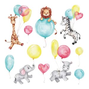 Animals with Balloons Nursery Decor Cute Jungle Animals Safari Balloons Wall Decals Giraffe Lion Zebra Hippo Elephant Vinyl Wall Stickers for Kids Boys Girls Bedroom Daycare Classroom Playroom and Kids Room Wall decor