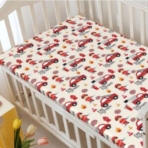 Fire Truck Themed Fitted Crib Sheet,Standard Crib Mattress Fitted Sheet Soft & Stretchy Fitted Crib Sheet-Crib Mattress Sheet or Toddler Bed Sheet, 28“ x52“,Multicolor