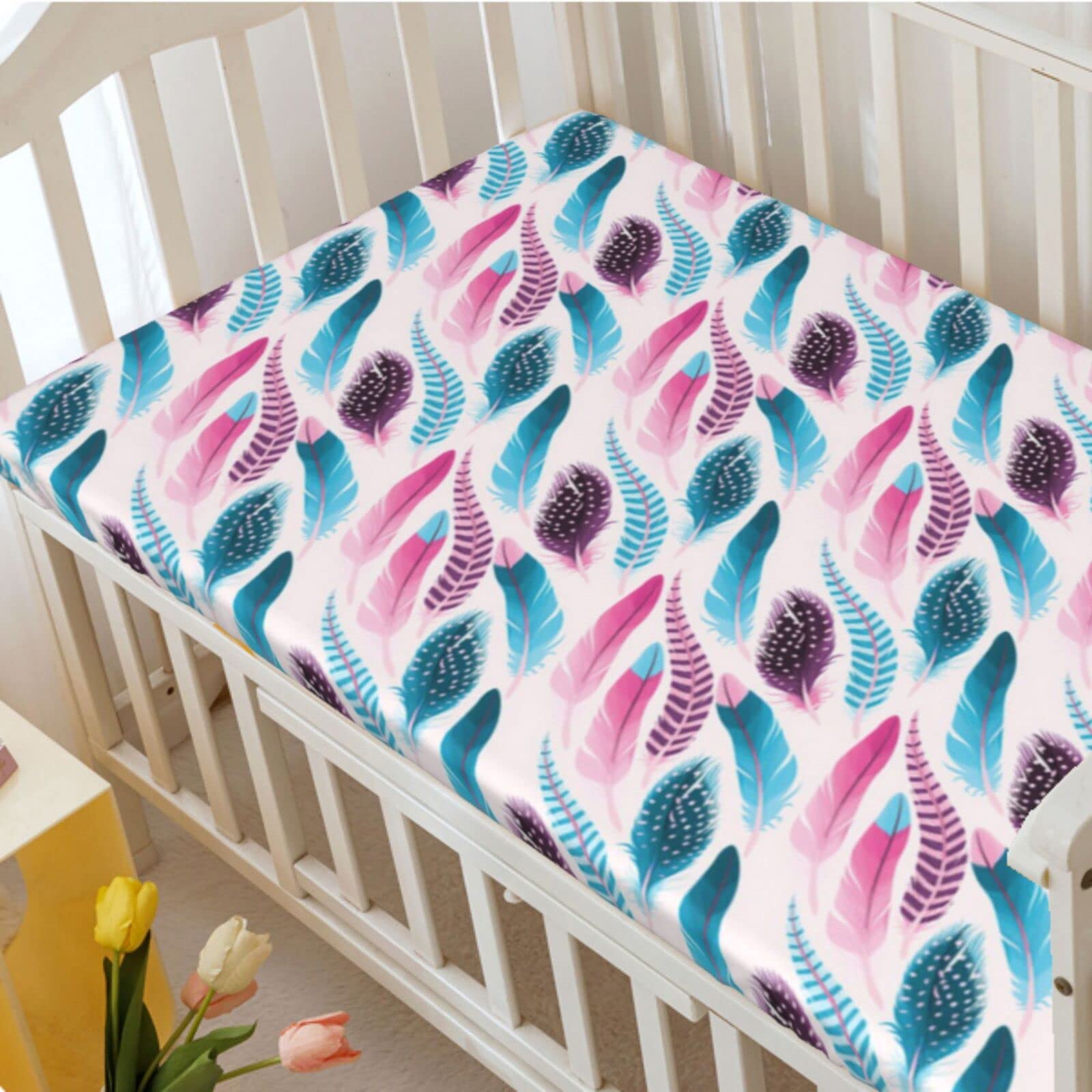 Feather Themed Fitted Crib Sheet,Standard Crib Mattress Fitted Sheet Ultra Soft Material-Baby Sheet for Boys Girls, 28“ x52“,Petrol Blue Pink Plum