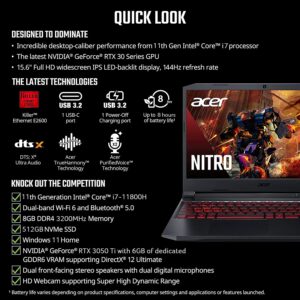 acer Nitro 5 15.6'' 144Hz Gaming Laptop, 11th Intel 8-Core i7-11800H(Beat Ryzen 7 5800H), Nvidia GeForce RTX 3050 Ti 4GB GDDR6, Backlit KB, Windows 11 Home(32GB|1TB SSD), Black