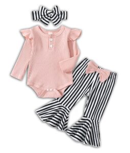 adxsun newborn baby girl clothes ribbed ruffled romper+striped/cow/leopard flared pants infant outifts 0-18 months