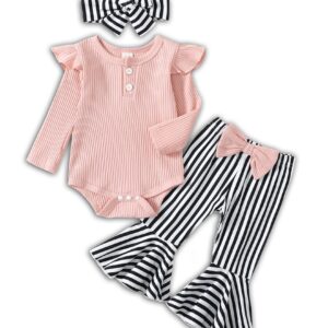 ADXSUN Newborn Baby Girl Clothes Ribbed Ruffled Romper+Striped/Cow/Leopard Flared Pants Infant Outifts 0-18 Months