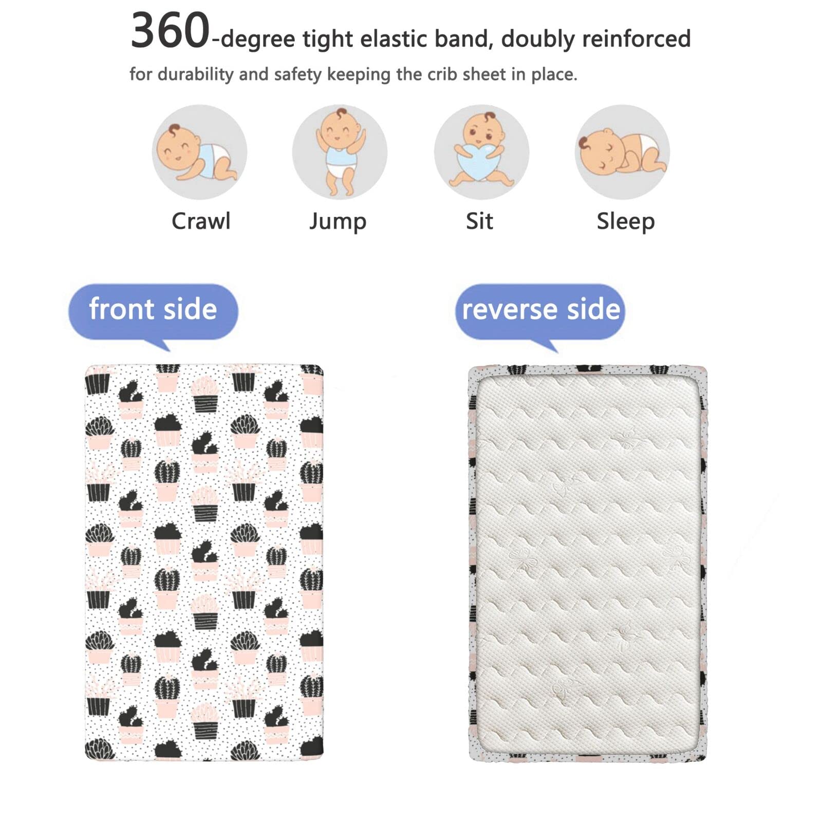 Cactus Themed Fitted Crib Sheet,Standard Crib Mattress Fitted Sheet Soft & Stretchy Fitted Crib Sheet-Crib Mattress Sheet or Toddler Bed Sheet, 28“ x52“,Pale Coral White Black