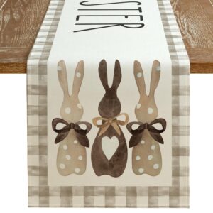 arkeny happy easter table runner 13x72 inches, bunny rabbit spring holiday farmhouse burlap buffalo plaid indoor table decorations for home at381-72