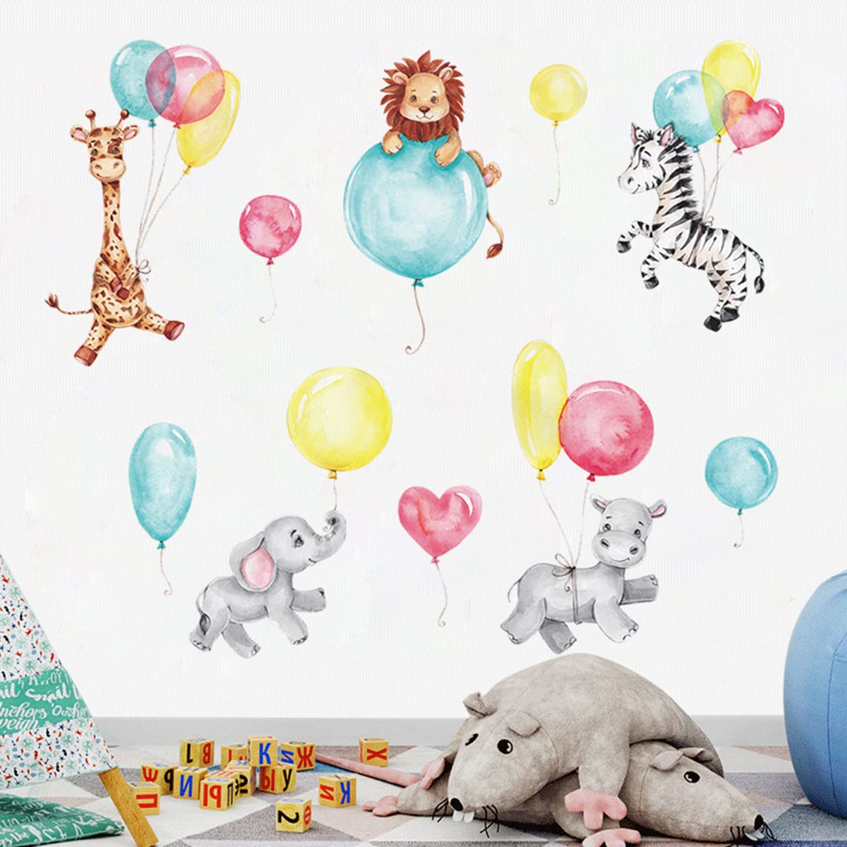 Animals with Balloons Nursery Decor Cute Jungle Animals Safari Balloons Wall Decals Giraffe Lion Zebra Hippo Elephant Vinyl Wall Stickers for Kids Boys Girls Bedroom Daycare Classroom Playroom and Kids Room Wall decor