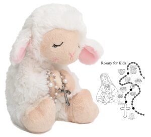 ganz blessed plush lamb 8.5 inches with rosary set and prayer pamphlet for first communion, christening, baby baptism gifts girl, catholic boys from parents, grandparents