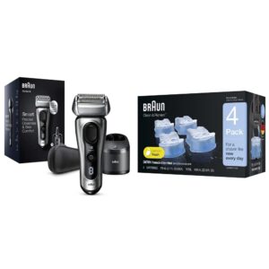 braun electric razor for men, series 8 8457cc electric foil shaver with precision beard trimmer, cleaning & charging smartcare center, galvano silver with clean & renew refill cartridges, 6 count