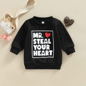 YINGISFITM Baby Girl Boy Valentines Day Outfit Toddler Crewneck Sweatshirt Long Sleeve Shirt Pullover Top Spring Clothes (Mr steal your heart black,12-18 Months)