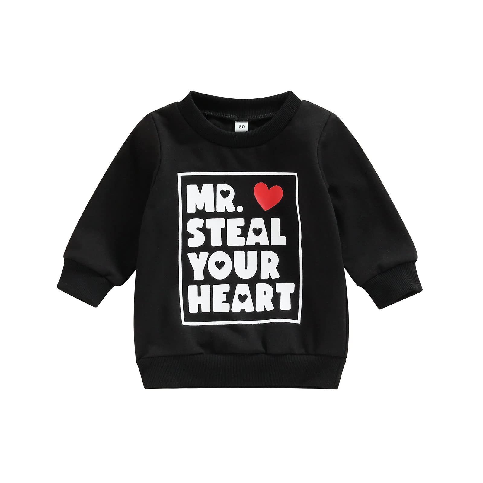 YINGISFITM Baby Girl Boy Valentines Day Outfit Toddler Crewneck Sweatshirt Long Sleeve Shirt Pullover Top Spring Clothes (Mr steal your heart black,12-18 Months)